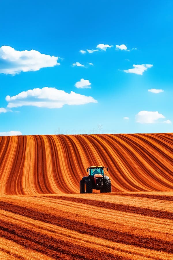 Tractor Plowing Field with Parallel Rows, Creating Texture in Soil, Set ...