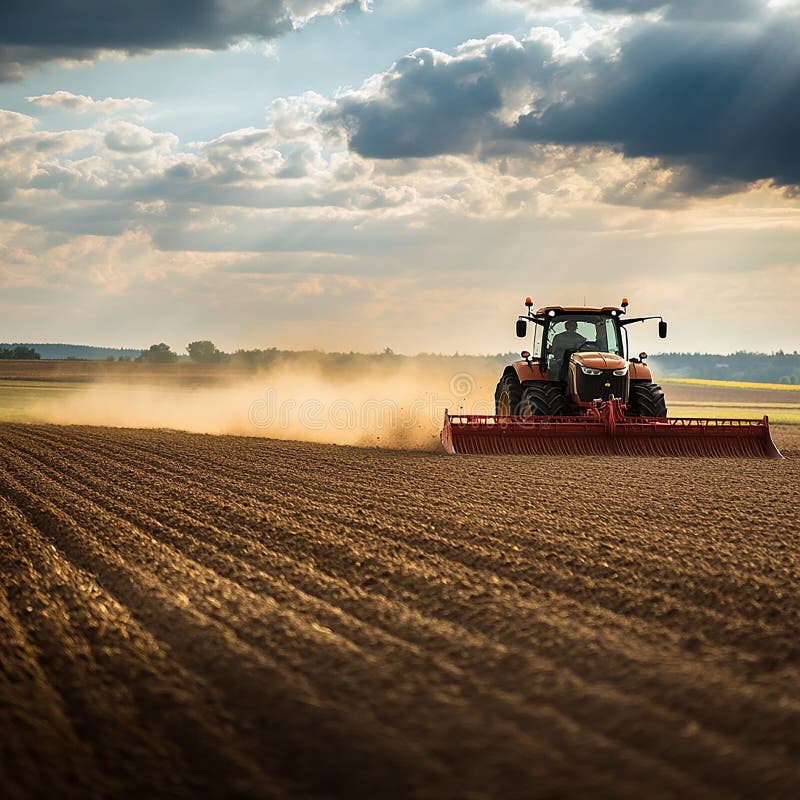 Tractor Plowing Fields at Sunset with Dramatic Cloud Formations Above ...