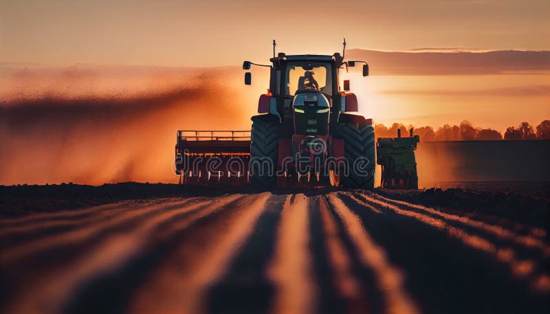 The Tractor Plows the Field Against a Dramatic Sunset Stock ...
