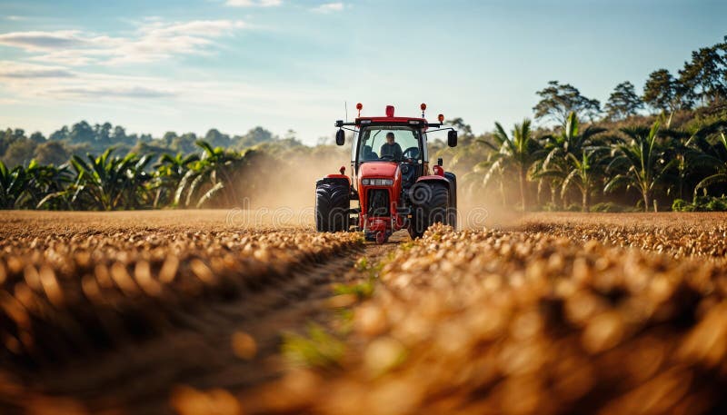 Tractor Plows a Field. Agricultural Work. Red Tractor on a Plantation ...