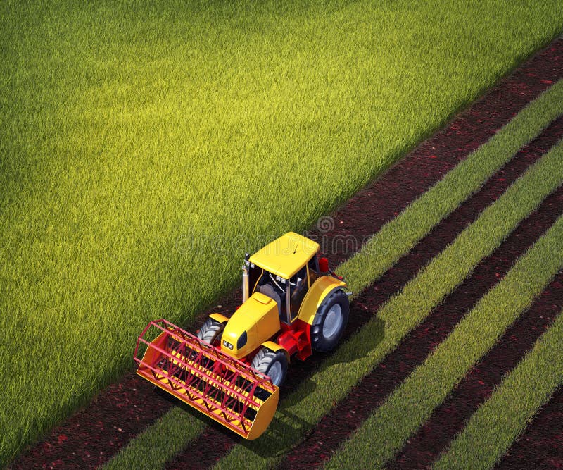 Red Tractor Plows Field and City for Agricultural Company, Flat Vector ...