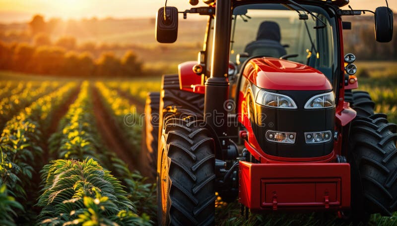 Tractor Plows a Field. Red Tractor on a Plantation at Sunset. Field ...