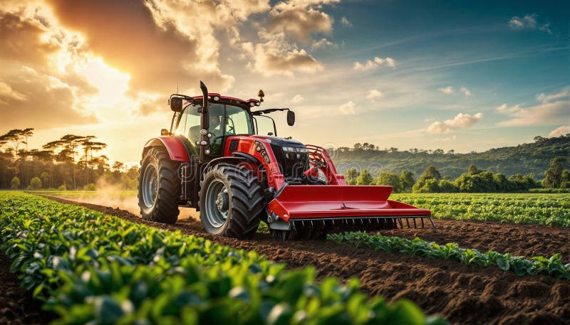 A Tractor Plows a Field. Red Tractor on a Plantation at Sunset. Field ...