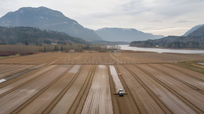 A Tractor Plows Rows in a Large Field Near a River and Mountains Stock ...