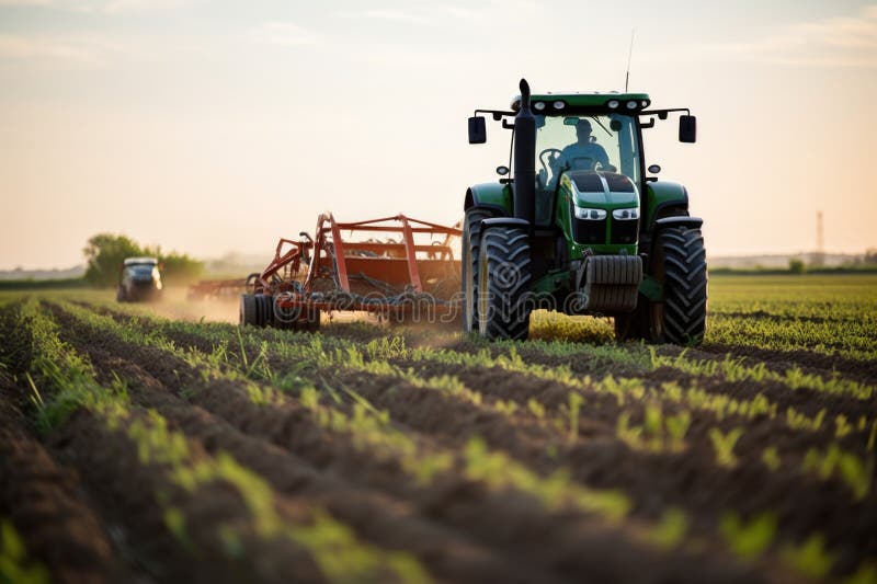 Tractor Pulling Farming Equipment in a Field Stock Photo - Image of ...