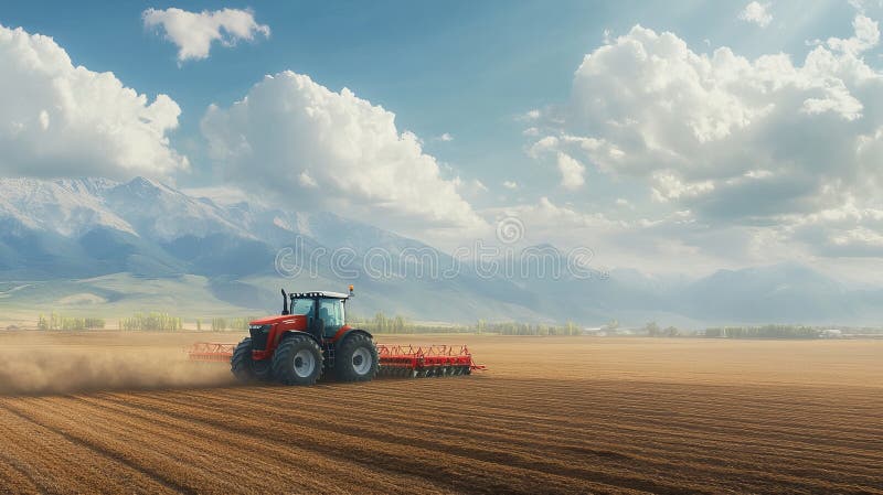 Tractor Pulling Seeder Machine Across Vast Open Field in Sunny Rural ...