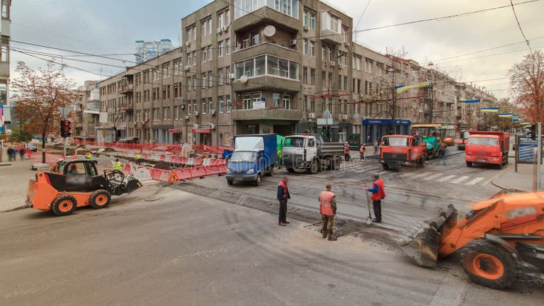 Tractor, Roller on the Road Repair Site Timelapse. Road Construction ...