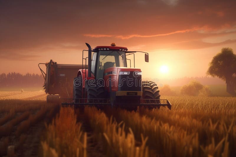 Tractor Running in the Field at Sunset. AI Generated Stock Illustration ...