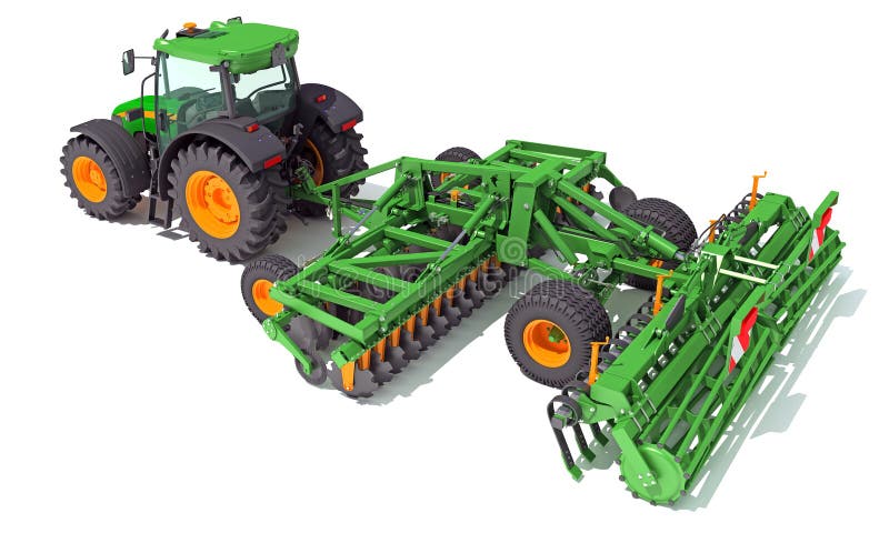 Tractor with Seed Drill Farm Equipment Disc Harrow 3D Rendering on ...