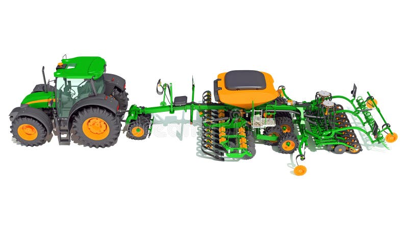 Tractor with Seed Drill Farm Equipment Disc Harrow 3D Rendering on ...