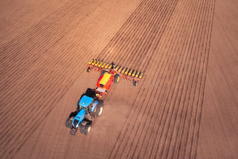 Tractor with Seeder on Field Drone View Stock Image - Image of arable ...
