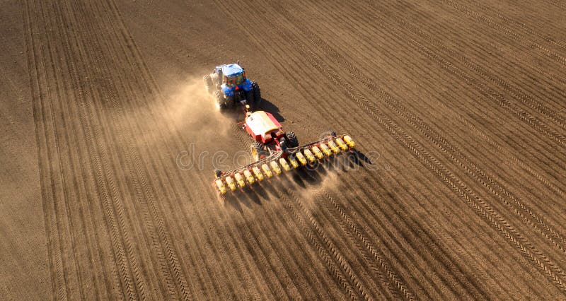 Tractor with Seeder on Field Drone View Stock Image - Image of country ...