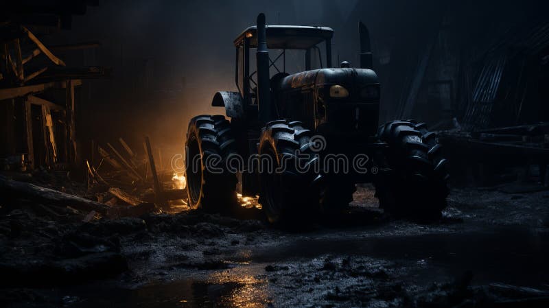 Abandoned Tractor in Post-apocalyptic Dark Warehouse Stock Illustration ...