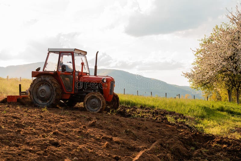 Tractor Sowing Crops at Agricultural Fields in Spring. Stock Photo ...