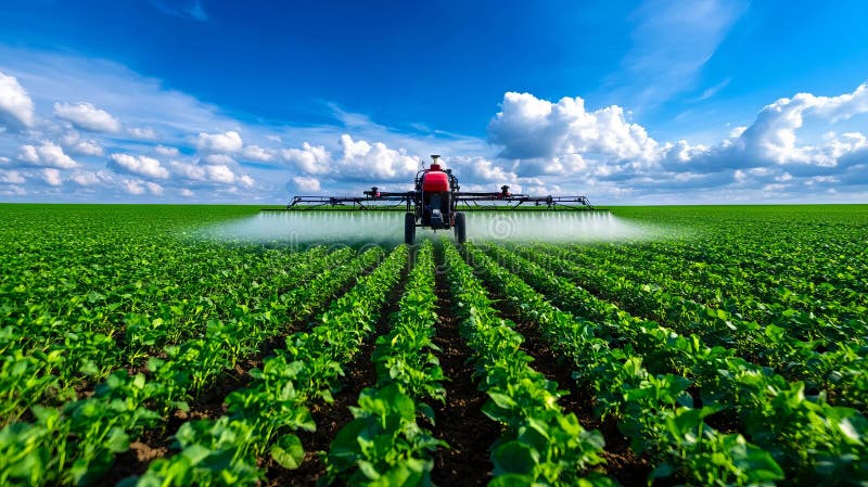 A Tractor Spraying a Field of Green Plants with a Sprayer Stock Photo ...