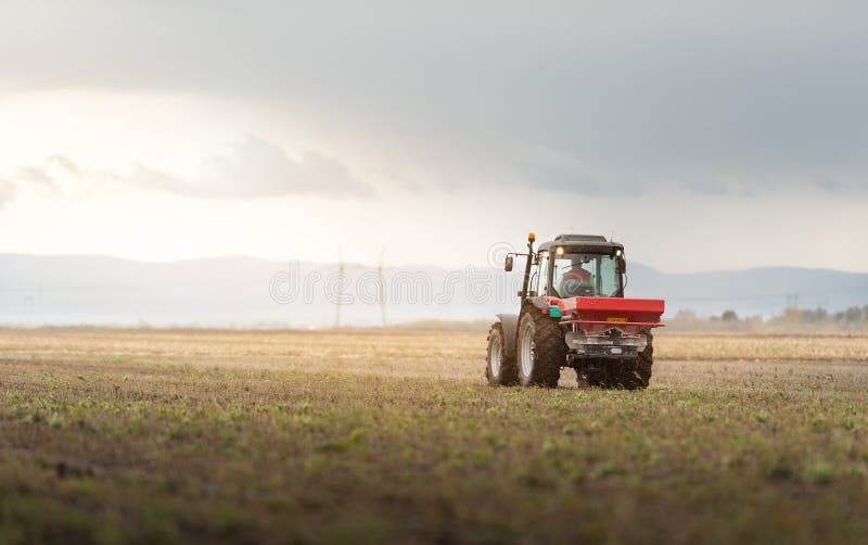 Tractor Spreading Artificial Fertilizers Stock Photo - Image of ...