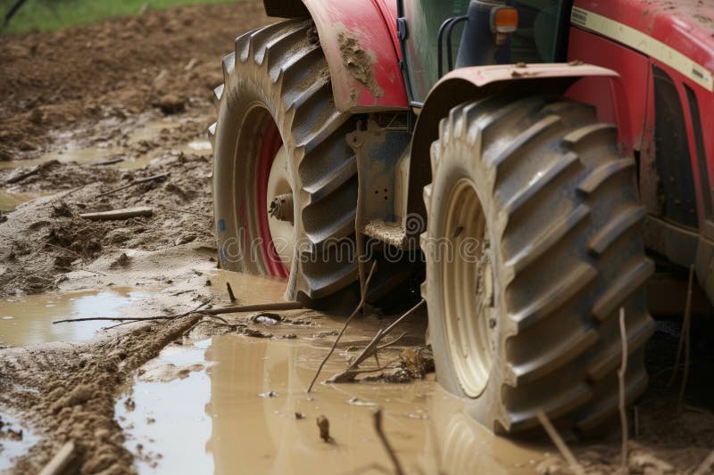 Tractor Stuck in Mud, Wheel Partially Submerged Stock Photo - Image of ...