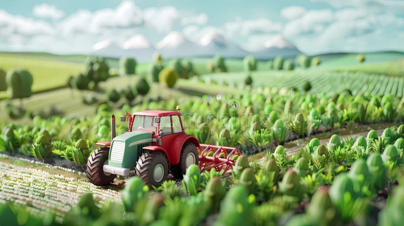 A Tractor in a Stylized, Vibrant Field with Rolling Hills Stock Photo ...
