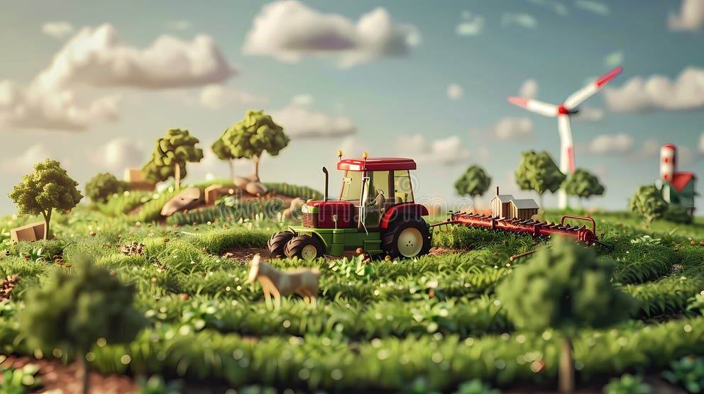 A Tractor in a Stylized, Vibrant Field with Rolling Hills Stock Image ...