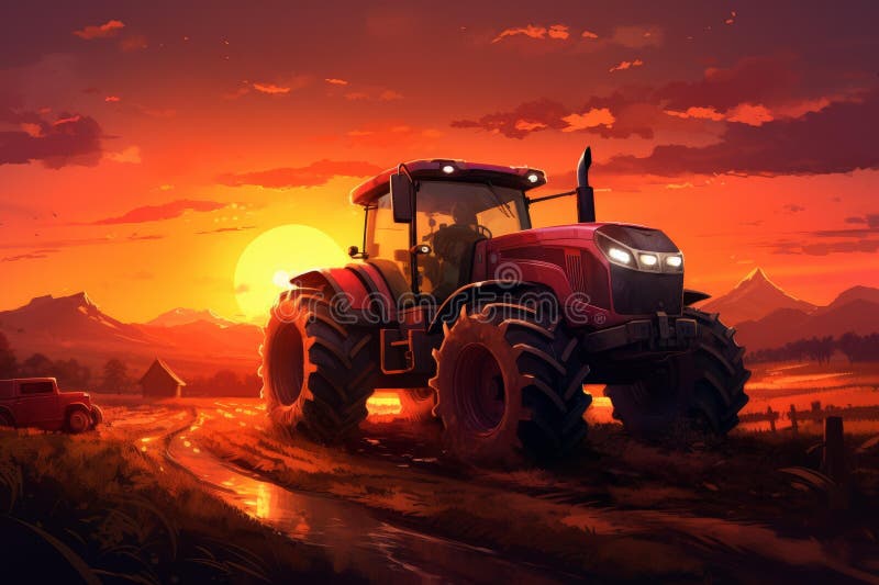 Tractor Sunset. Generate Ai Stock Image - Image of landscape ...