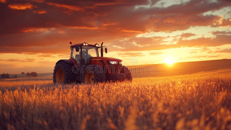 Tractor at Sunset in Golden Field Stock Image - Image of growth ...