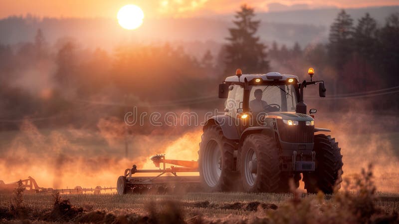 Tractor at Sunset: Modern Farming Techniques in Tranquil Rural ...