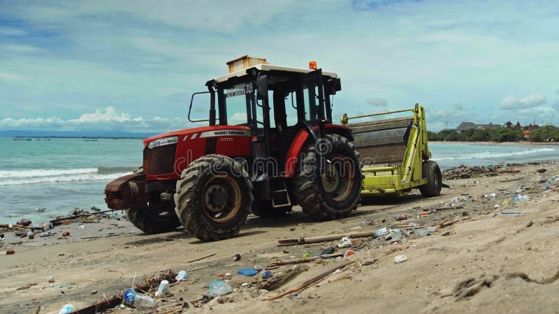 Tractor Technic for Cleaning the Sea Beach from Garbage Stands on the ...