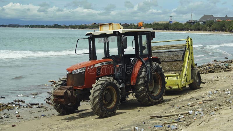 Tractor Technic for Cleaning the Sea Beach from Garbage Stands on the ...