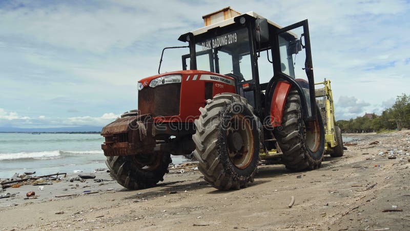 Tractor Technic for Cleaning the Sea Beach from Garbage Stands on the ...