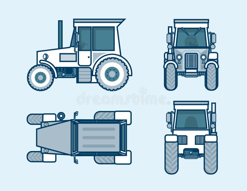 Outline Blueprint of Tractor. Side, Front, Top View of Agriculture ...