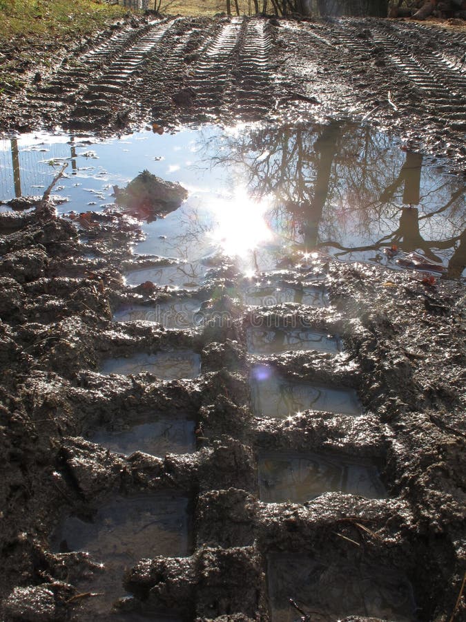 Tractor Track in the Mud and Puddle Stock Photo - Image of long, rain ...