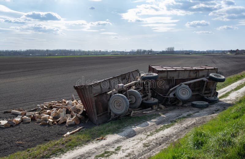 Tractor Trailer Rolled Over in Field Stock Image - Image of field ...