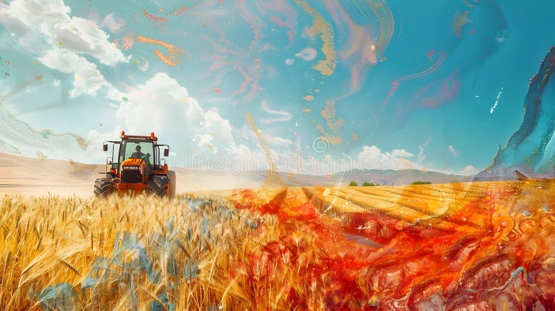 Tractor Traversing Vibrant Wheat Field Under Dramatic Sky Stock ... Tractor Traversing Vibrant Wheat Field Under Dramatic Sky Stock ...