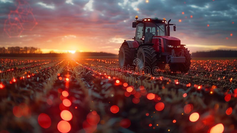 Tractor Working in Field at Sunset Stock Illustration - Illustration of industry, cultivating ...