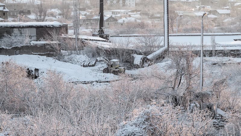 Tractor Working in the Factory Early Winter Morning Stock Photo - Image ...