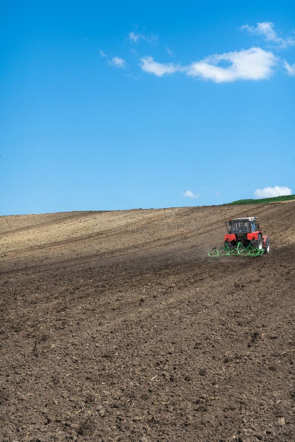 Tractor Working in Farm Fields, Rural Landscape Stock Image - Image of ...