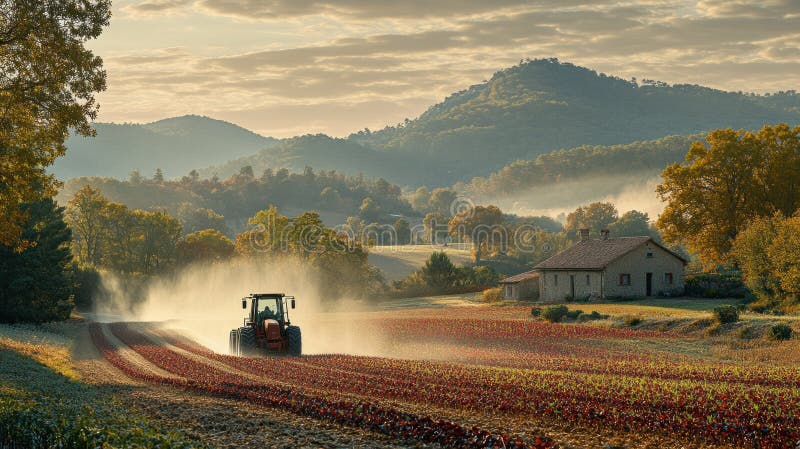 Tractor Working a Field at Dawn, with a Misty Mountain Backdrop Stock ...