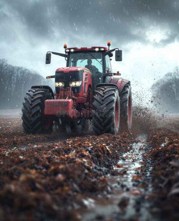 Tractor Working in the Field in Rain Storm. Stock Image - Image of ...