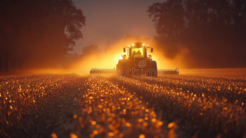 A Tractor Working in a Field at Sunset, Creating a Dramatic, Dust ...
