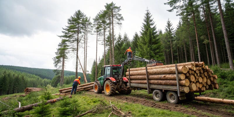 Tractor Working in Forest with Timber Resources Stock Illustration ...