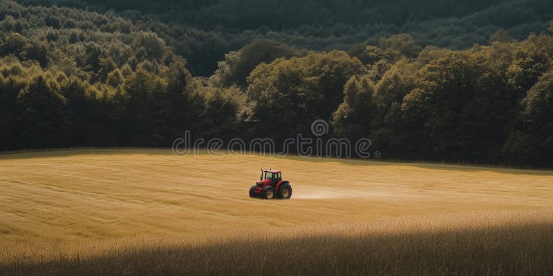 Tractor Working in Golden Field Surrounded by Lush Green Forest ...