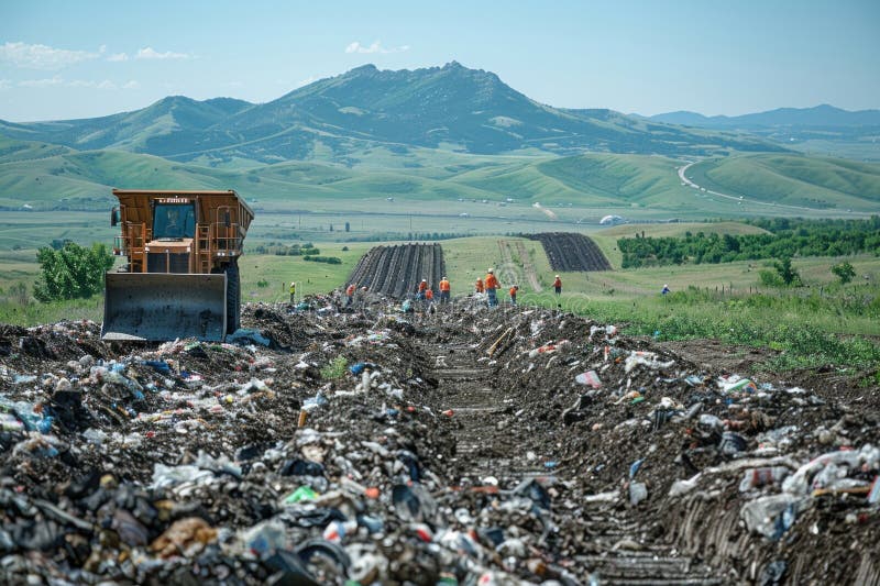 Tractor Working on a Landfill with Workers Managing Waste Against a ...
