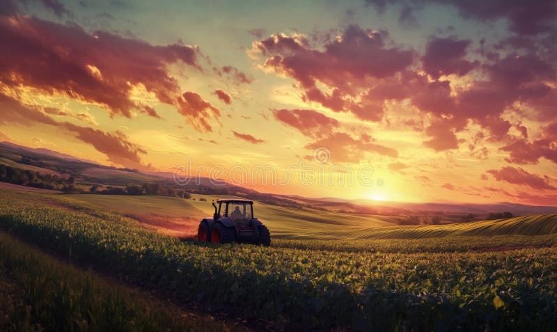 Tractor Working in Lush Green Fields during Vibrant Sunset with ...