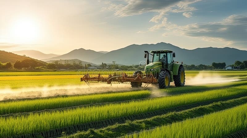 Tractor Working on the Rice Fields Barley Farm at Sunset Time, Modern ...