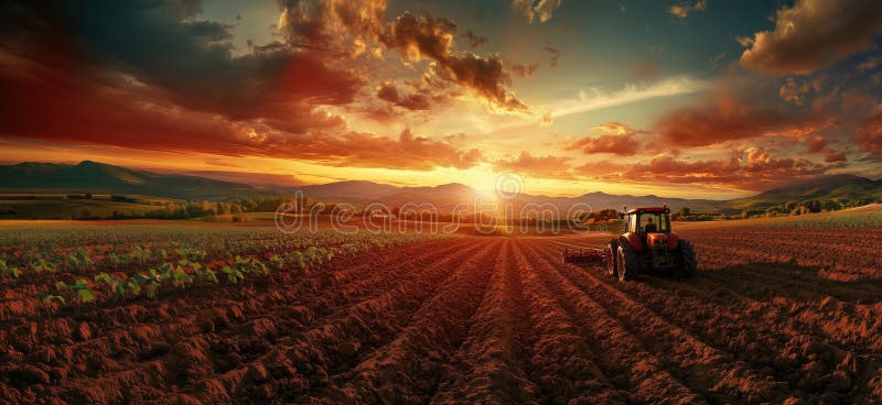 Tractor Working in Sunset Over Agricultural Field with Mountains in ...