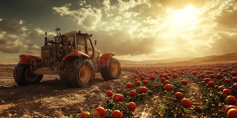 Tractor Working in Tomato Field at Sunset with Dramatic Clouds in the ...