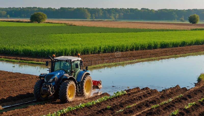 Tractor Works in the Field Next To the Canal Stock Illustration ...