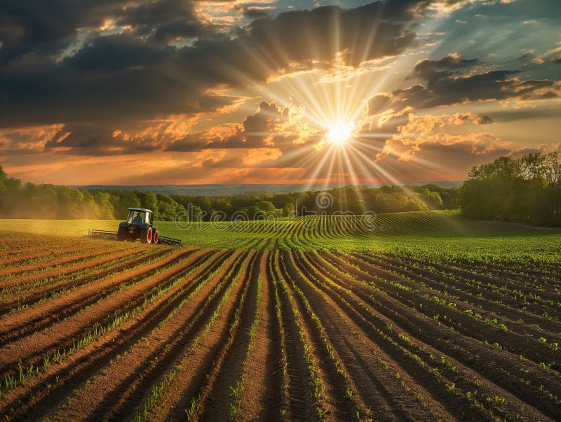 Sunset Over a Tractor in a Verdant Field Stock Image - Image of nature ...