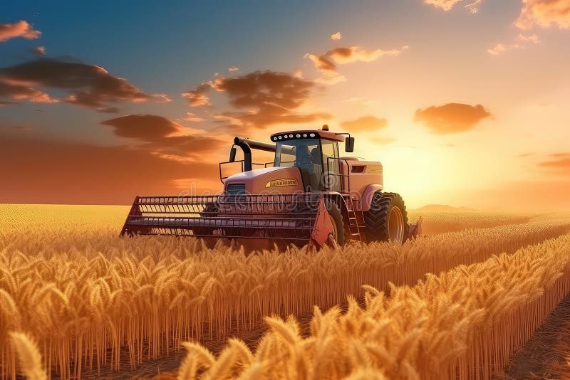 Tractor Works on Wheat Fields during Sunset on the Farm Stock ...