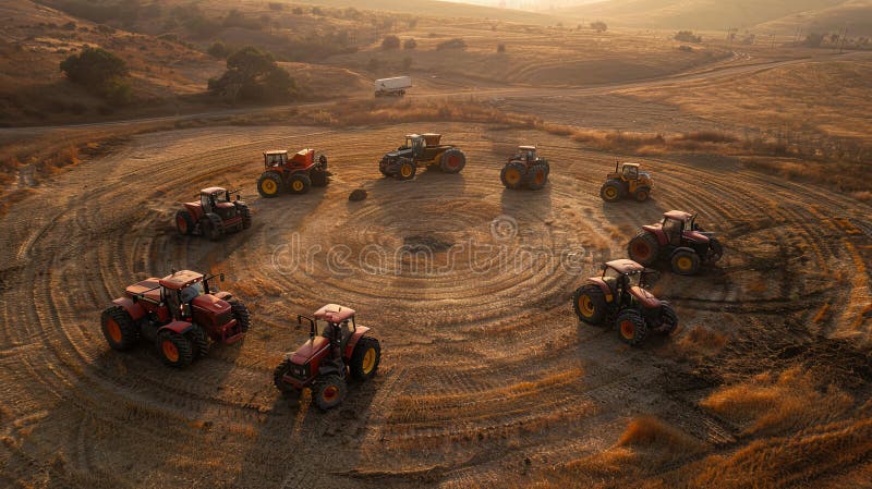 Tractors in Circular Formation on Farm Field at Golden Hour Stock ...